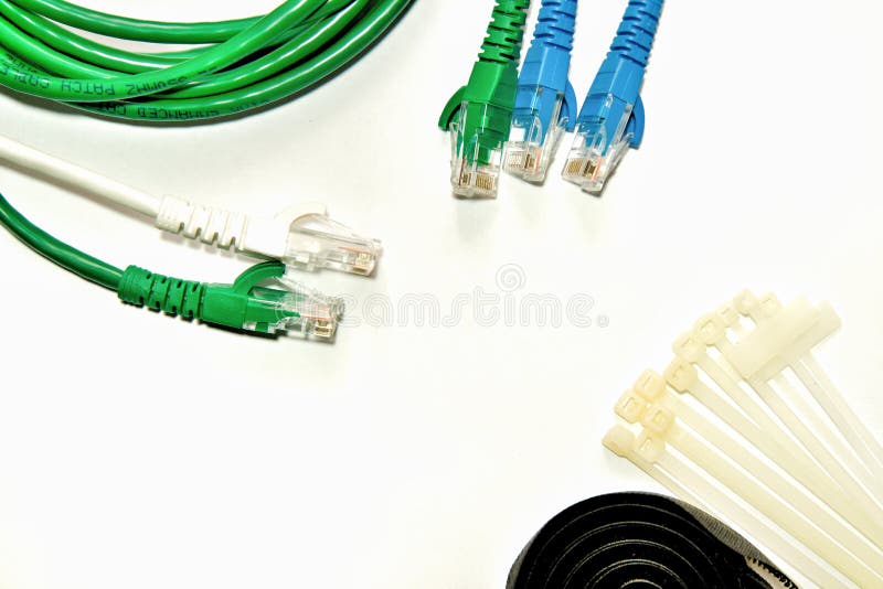 Blue and Green LAN Cable with Cable Ties and Cable Strap. Stock Image ...