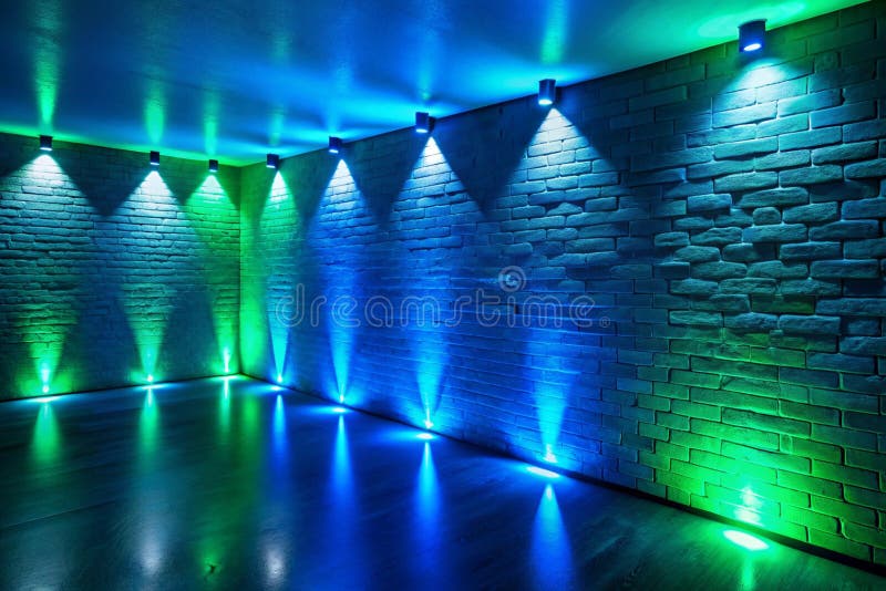 A Blue and Green Light Show with a Blue Wall. the Blue Light is on the ...