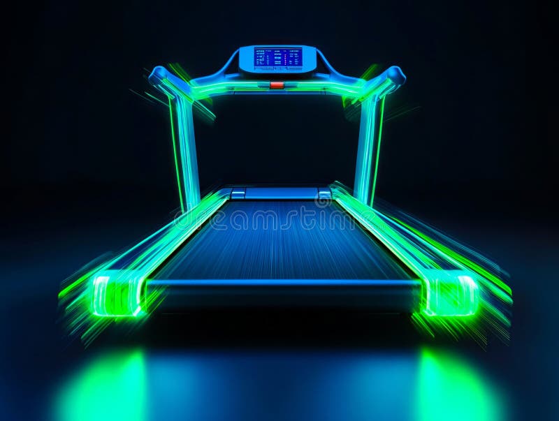 A Blue and Green Lighted Treadmill in a Dark Room Stock Image - Image ...