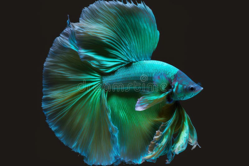 Blue Green Luxury Betta Fish with Fluffy Tail on Black Background Stock ...