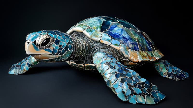 Blue and Green Mosaic Sea Turtle Sculpture on Dark Background Stock ...