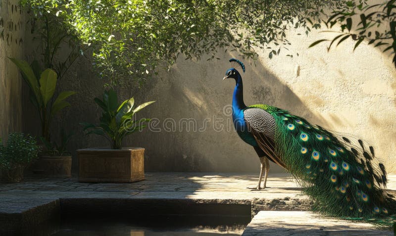 A Blue and Green Peacock is Standing in Front of a Wall Stock Photo ...