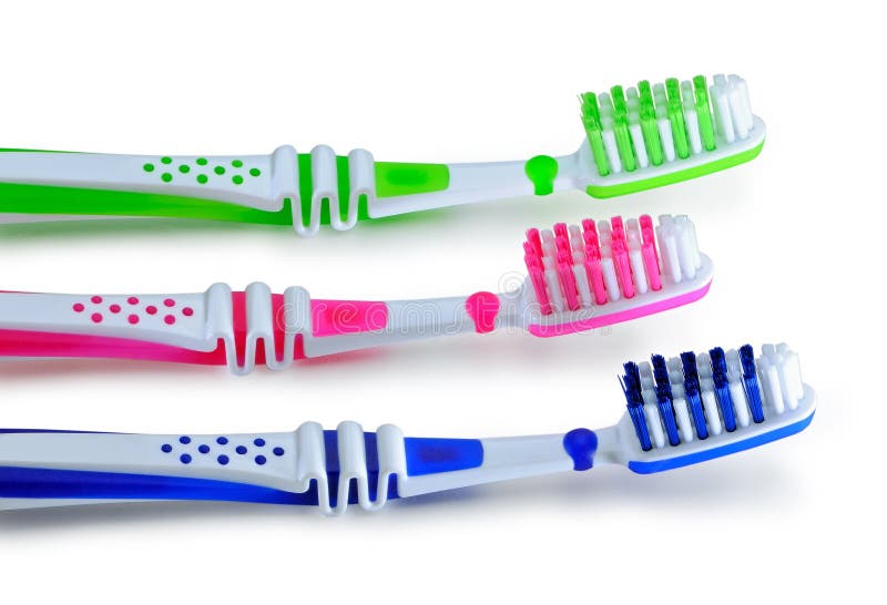 Blue, Green, Pink Toothbrushes Isolated on White Background Stock Photo ...
