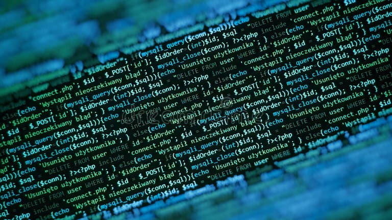 Blue Green Unique Background. Programming Language on Laptop Computer Screen. Program Code PHP ...