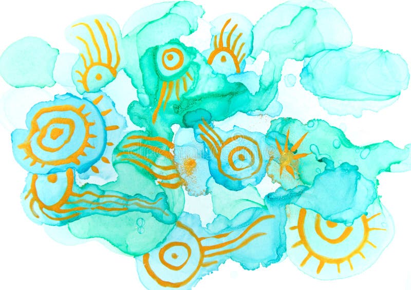 Blue and Green Watercolor Drops with Gold with Gold Abstract Doodles ...