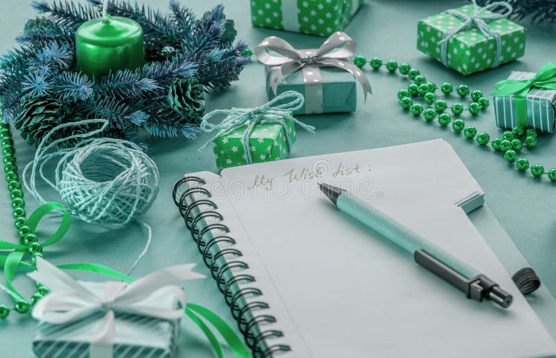 Blue and Green Wish List among Presents Stock Photo - Image of present ...
