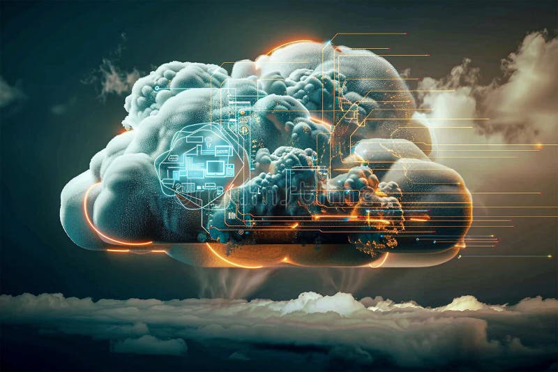 A Blue and Grey Cloud with a Glowing Orange Circuit Board Inside of it ...