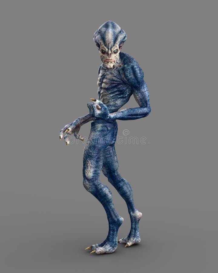 Blue Grey Humanoid Alien Creature Looking Back in Aggressive Pose. 3D ...