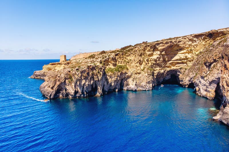 Blue Grotto in Malta. Aerial Top View Stock Photo - Image of boat ...