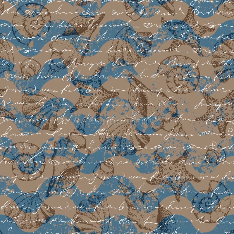 Blue Grunge Waves Pattern and Hand Draw in Marine Style. Stock Vector ...