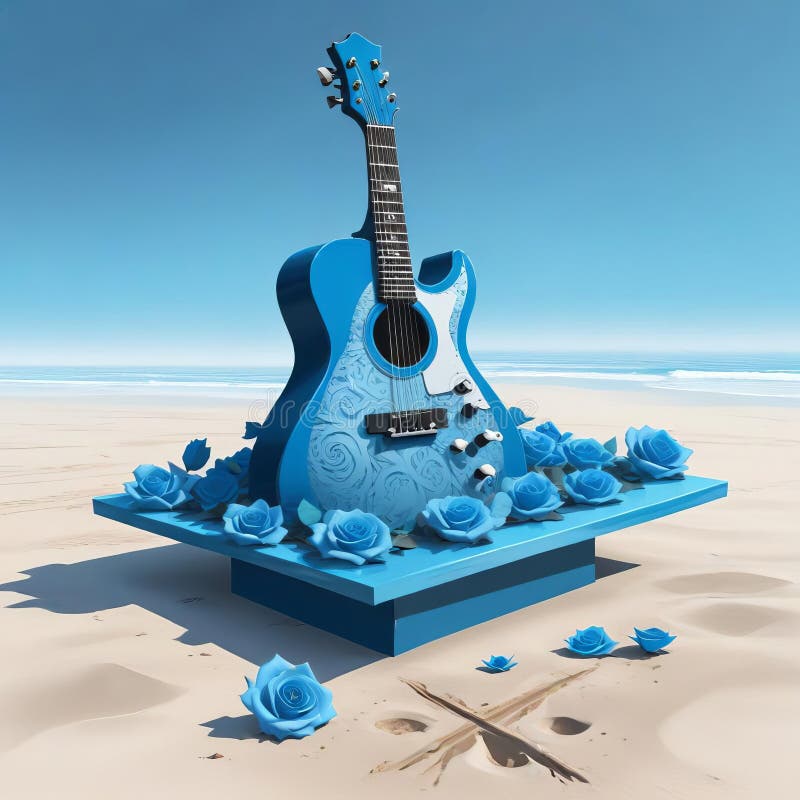 Blue Guitar on a Dreamy Beach of Roses Stock Illustration ...