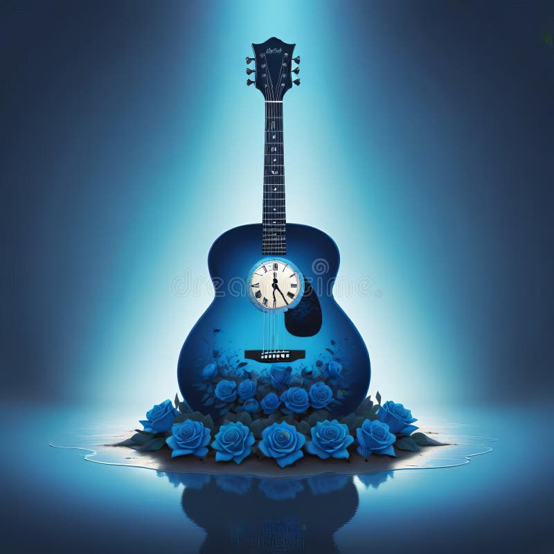 Blue Guitar on a Dreamy Beach of Roses Stock Illustration ...