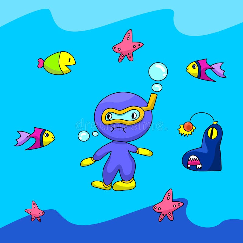 Blue Guy Diving in the Deep Blue Sea Cartoon Vector Stock Vector ...