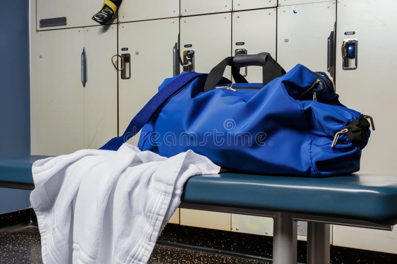 Blue Gym Bag on Locker Room Bench, Towel Draped Over Stock Image ...