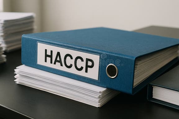 Blue HACCP Binder on a Stack of Documents Representing Food Safety Documentation Procedures for ...