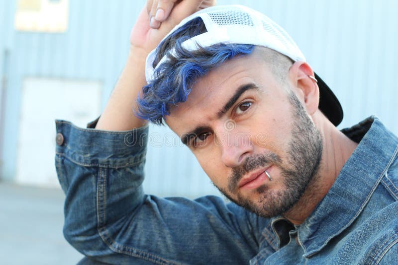 Blue Haired Pierced Trendy Male Wearing a Baseball Cap Stock Photo ...