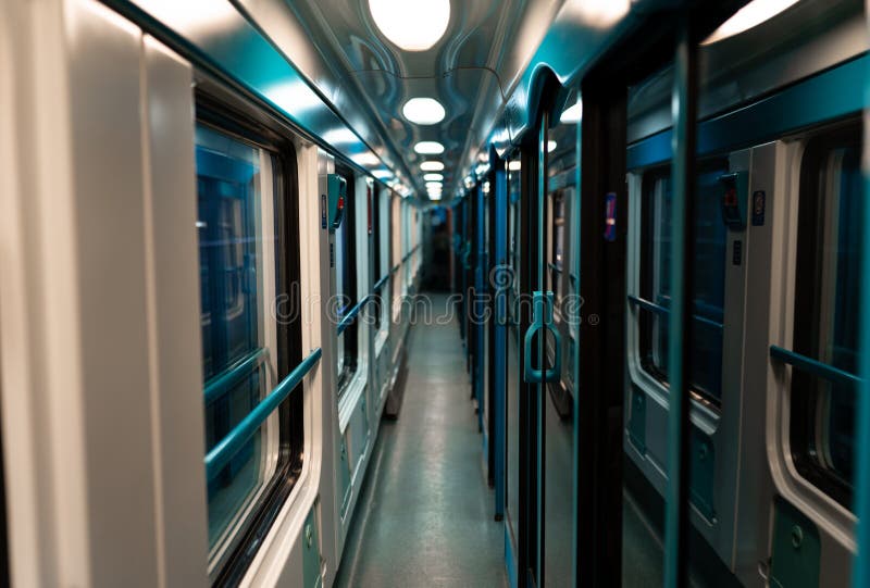 Blue Hallway Inside of a Classic Train with Private Rooms Stock Image ...