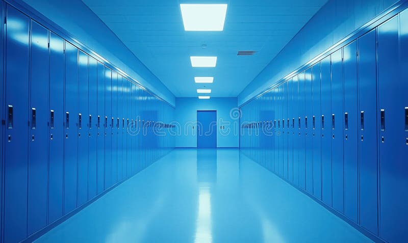 Blue Hallway Lockers Bright Ceiling Lights Modern School Environment ...