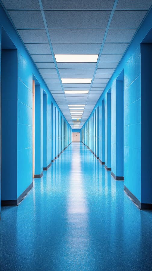 Blue Hallway with Numerous Doors and Bright Ceiling Lights Creating a ...