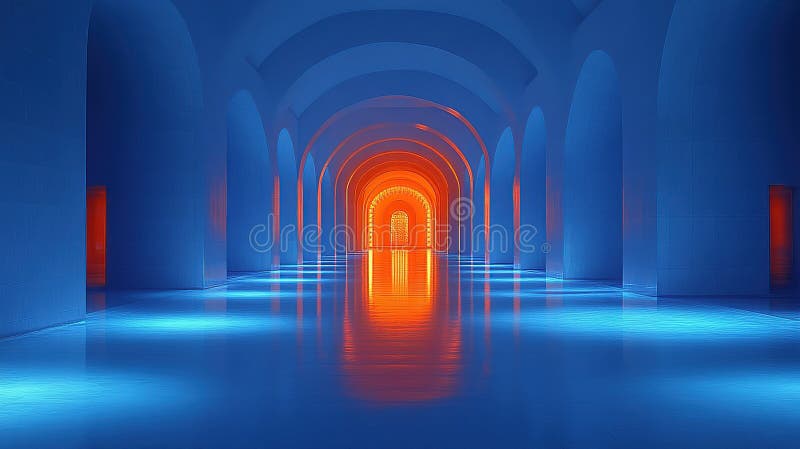 Blue Hallway, Orange Light, Arched Ceiling, Reflective Floor, Abstract ...