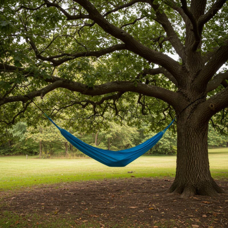 Blue Hammock Hanging between Branches of a Large Tree in a Sunny Green ...