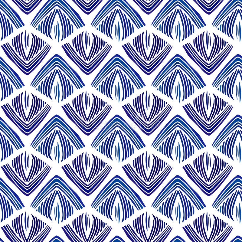 Blue Hand Drawn Seamless Pattern with Curved Triangles Ornament. Ikat ...