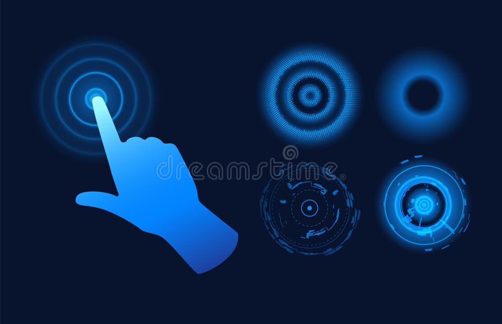 Blue Hand Pointing Gesture on Digital Round Various Signal Vector Icons ...