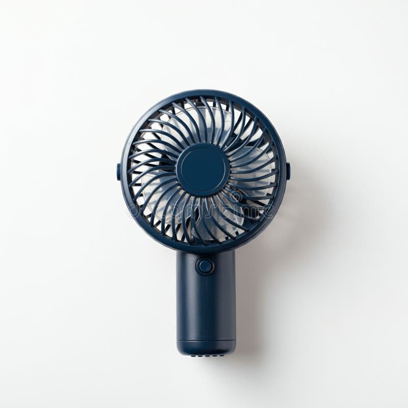 A Blue Handheld Fan with a Cylindrical Base and Circular Head. Its ...