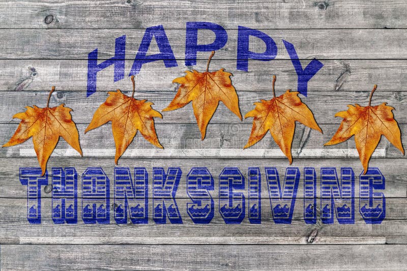 Blue Happy Thanksgiving on Wooden Background with Brown Leaf Stock ...