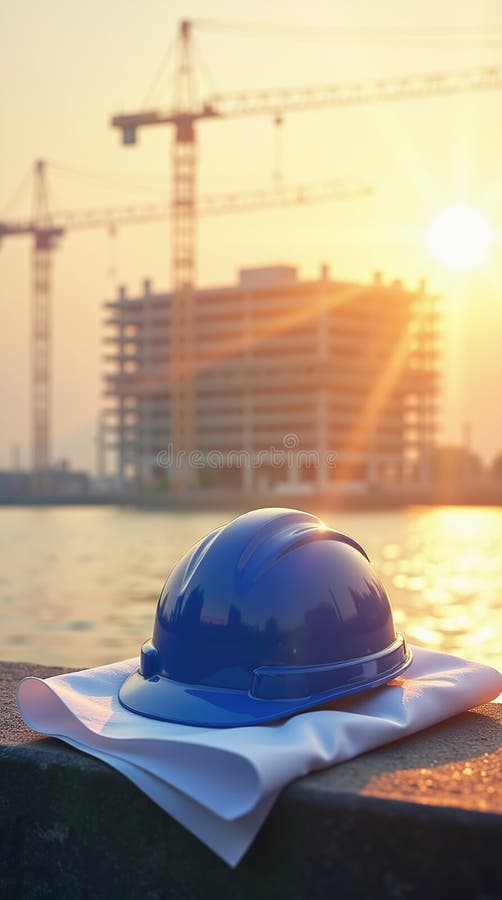 Blue Hard Hat on Architectural Plans at a Waterfront Construction Site ...