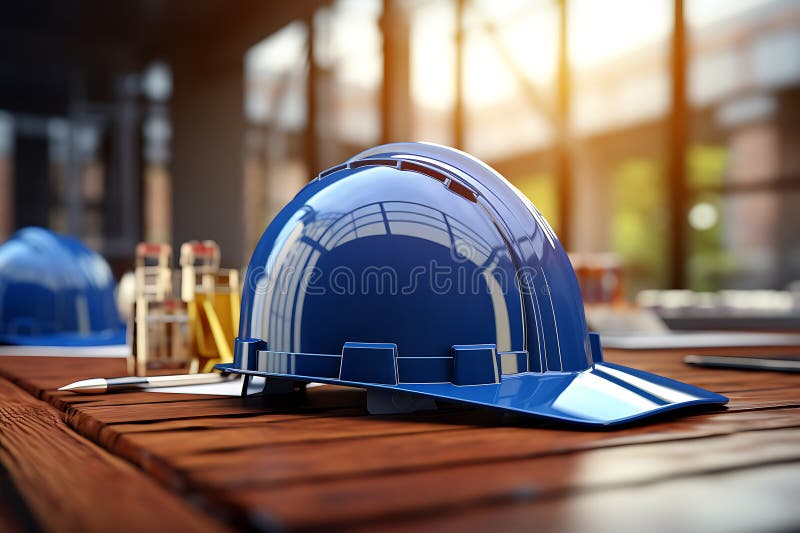 Blue Hard Hat and Blueprints on Table in Office Stock Illustration ...