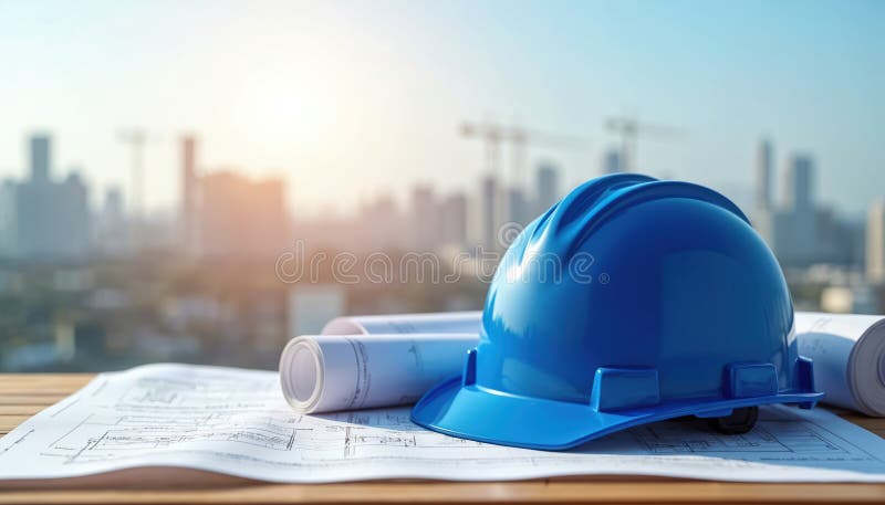 Blue Hard Hat, Blueprints on Wooden Surface. Cityscape in Background ...