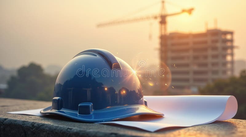 Blue Hard Hat on Construction Plans at a Building Site during Sunset ...