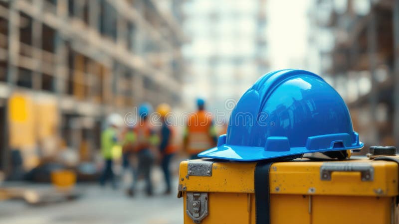 Blue Hard Hat on Construction Site with Workers in Background Stock ...