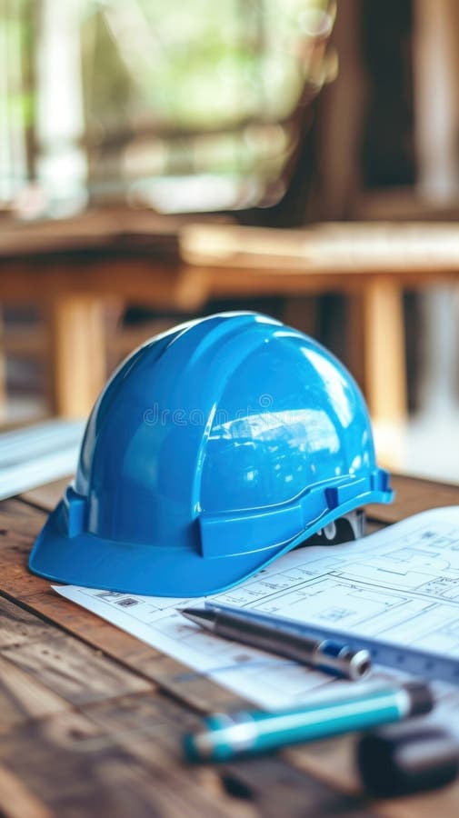 Blue Hard Hat on Wooden Table Stock Photo - Image of hard, materials ...