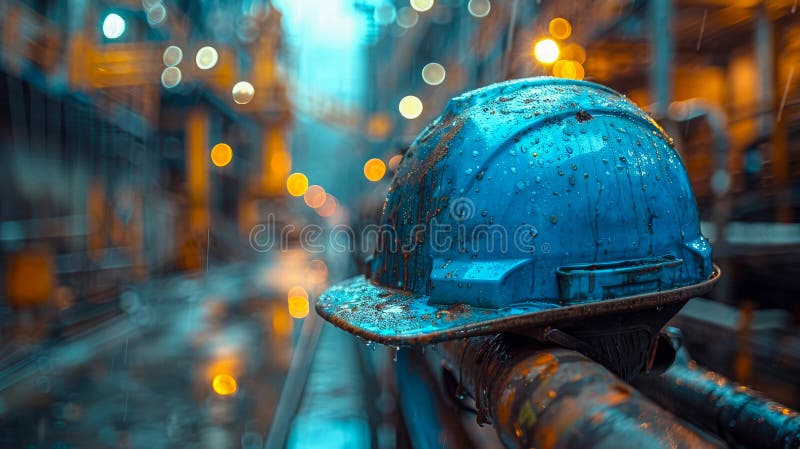 Blue Hardhat with Water Drops on the Background of the Building Stock ...