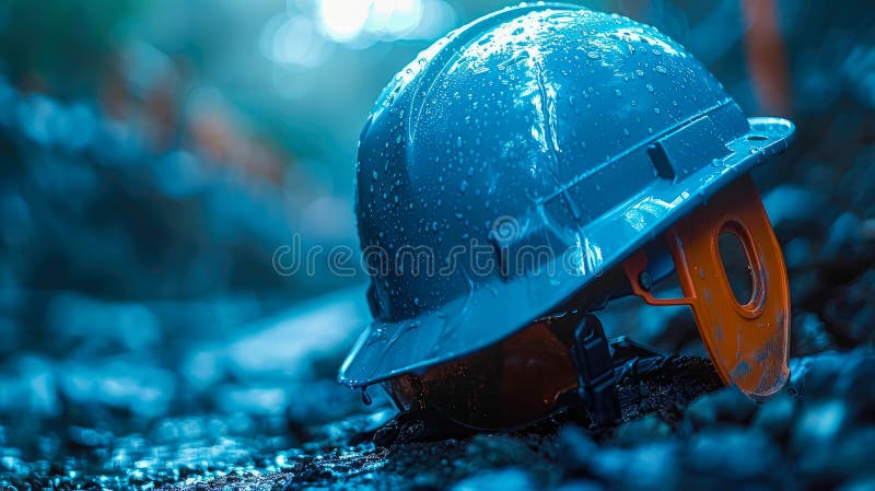 Blue Hardhat with Water Drops on the Background of the Building Stock ...