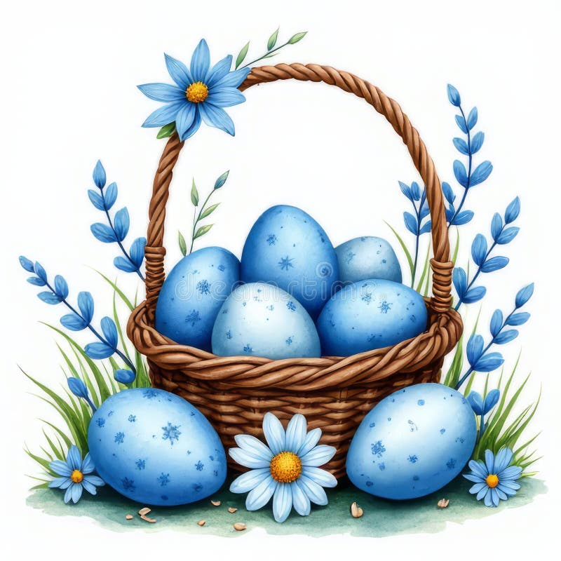 Blue Harmony: Easter Basket with Eggs and Flowers, Watercolor Style (Generated Using AI) Stock ...