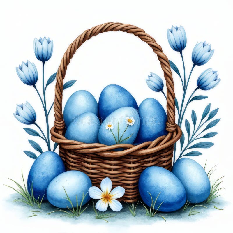 Blue Harmony: Easter Basket with Eggs and Flowers, Watercolor Style (Generated Using AI) Stock ...