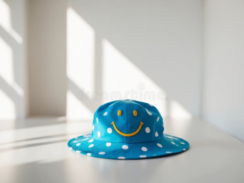 A Blue Hat with a Smiley Face and Polka Dots. Stock Illustration ...