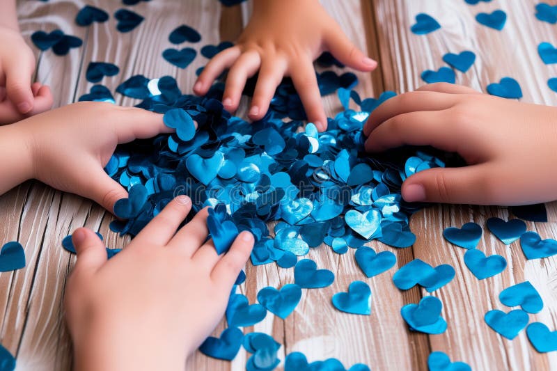 Blue Heart Confetti Scattered Around Hands on a Table Stock Image ...