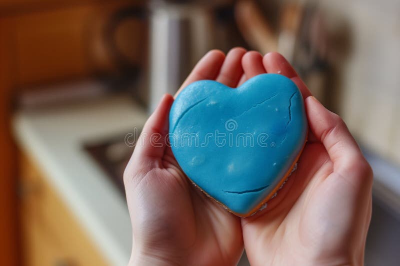 Blue Heart Cookie in Bakers Hands with Kitchen Background Stock Photo ...
