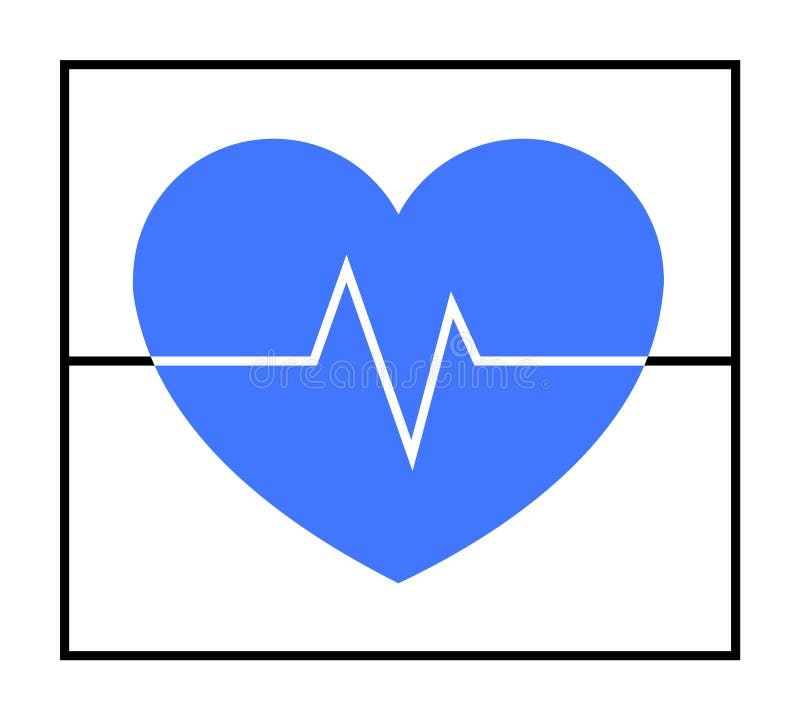 Blue Heart with ECG Line on White Background with Black Border ...