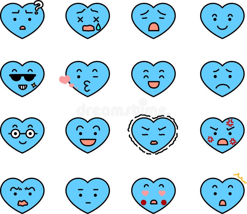 Blue Heart Emoticon Icon Set Stock Vector - Illustration of love ...
