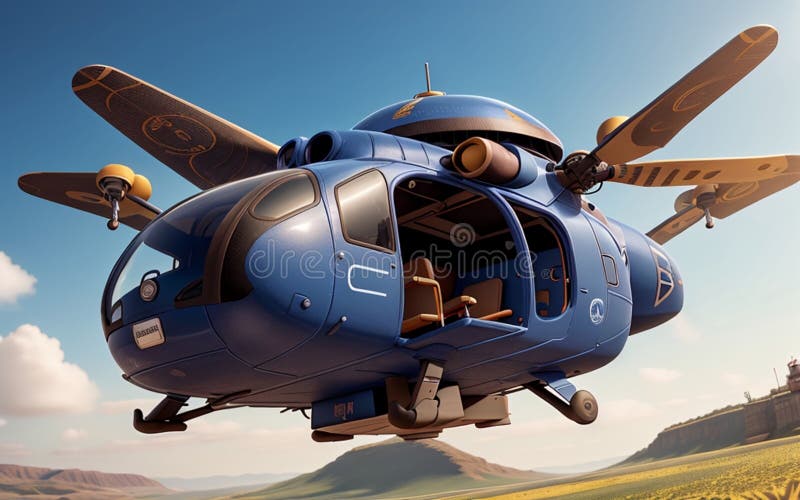 A Blue Helicopter Hovering Above a Rugged Landscape of Mountains ...