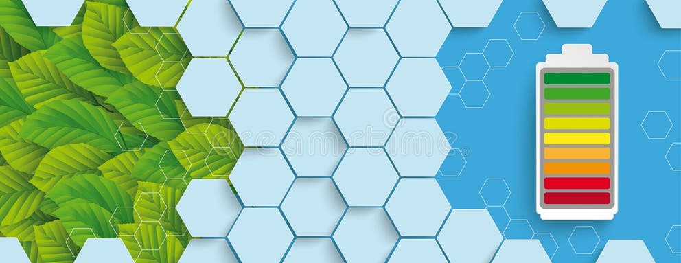 Blue Hexagon Structure Green Leaves Eco Battery Header Stock Vector ...
