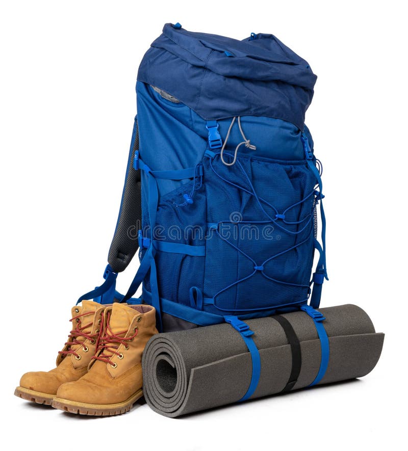 Blue Hiking Backpack with Fitness Mat Isolated on White Stock Image ...