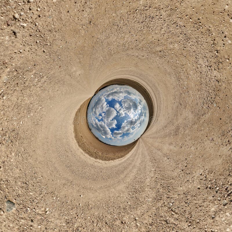 Blue Hole Sphere or Globe Little Planet Inside Grass or Sand or Dry Ground Frame Background with ...