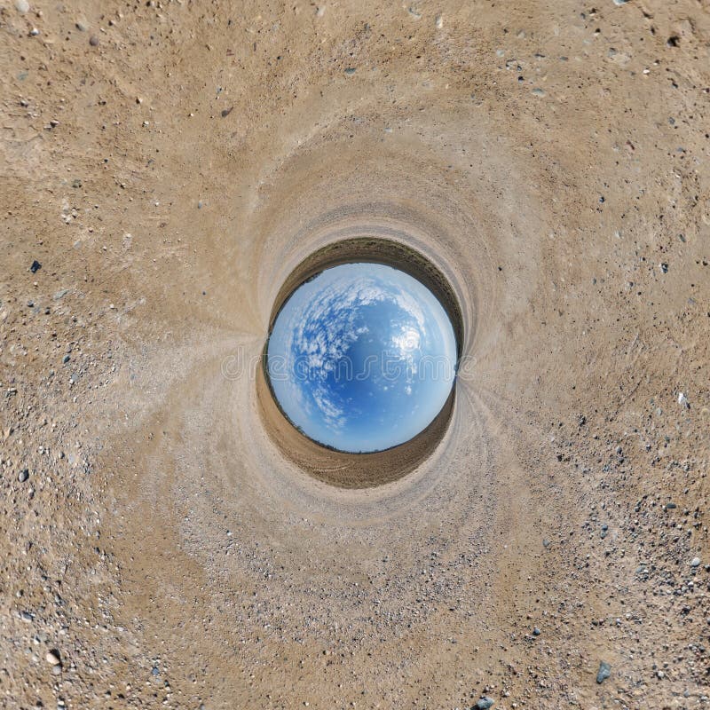Blue Hole Sphere or Globe Little Planet Inside Grass or Sand or Dry Ground Frame Background with ...