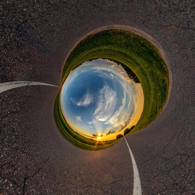Blue Hole Sphere or Globe Little Planet Inside Sand or Dry Ground Frame Background with Tractor ...